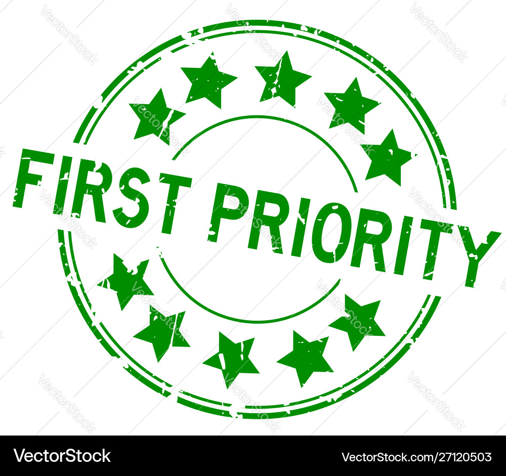 Grunge green first priority word with star icon Vector Image