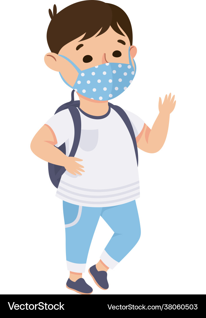 Happy boy wearing face mask with backpack waving Vector Image