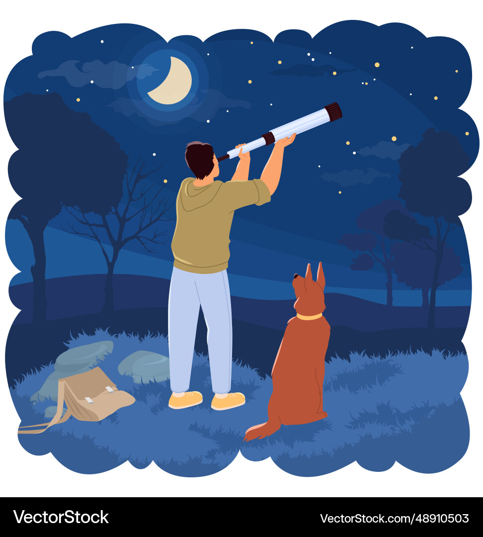Young man with dog in park looking through Vector Image