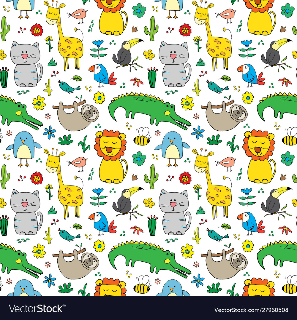 Cute animals seamless pattern cartoon hand drawn Vector Image