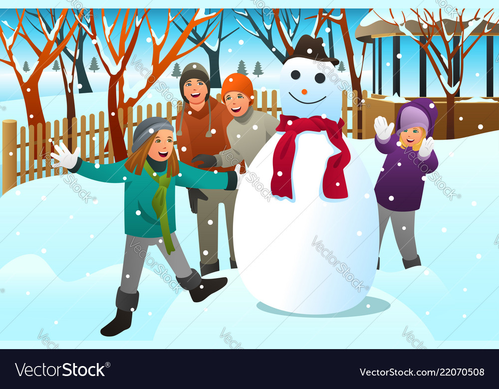 Kids and teenagers friends building a snowman Vector Image