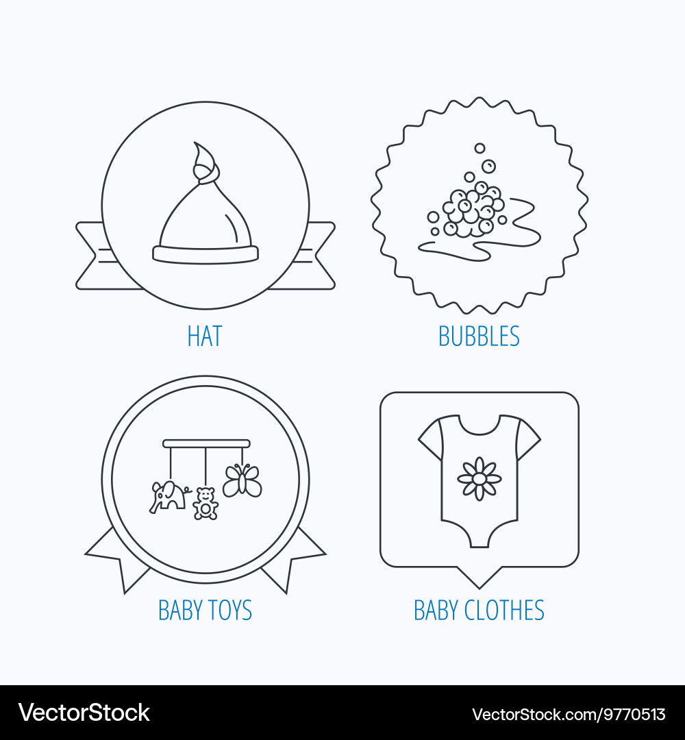 Baby clothes bath bubbles and hat icons Royalty Free Vector