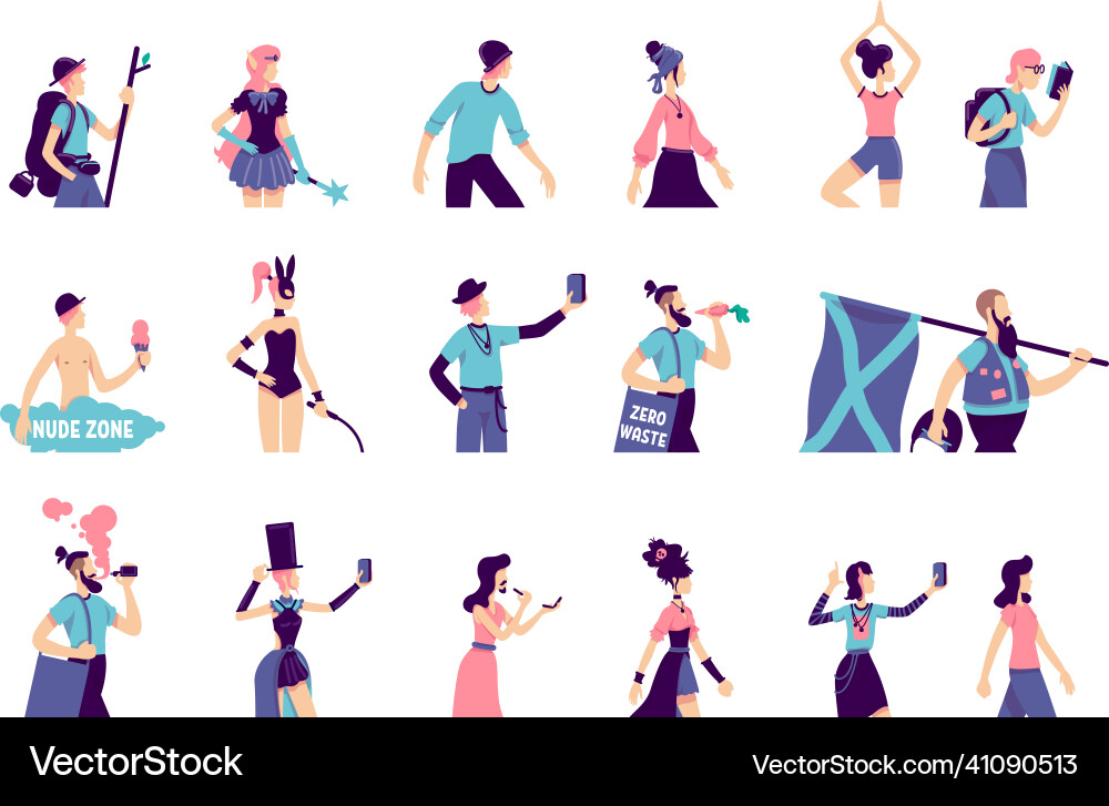 Subculture flat color faceless characters set Vector Image