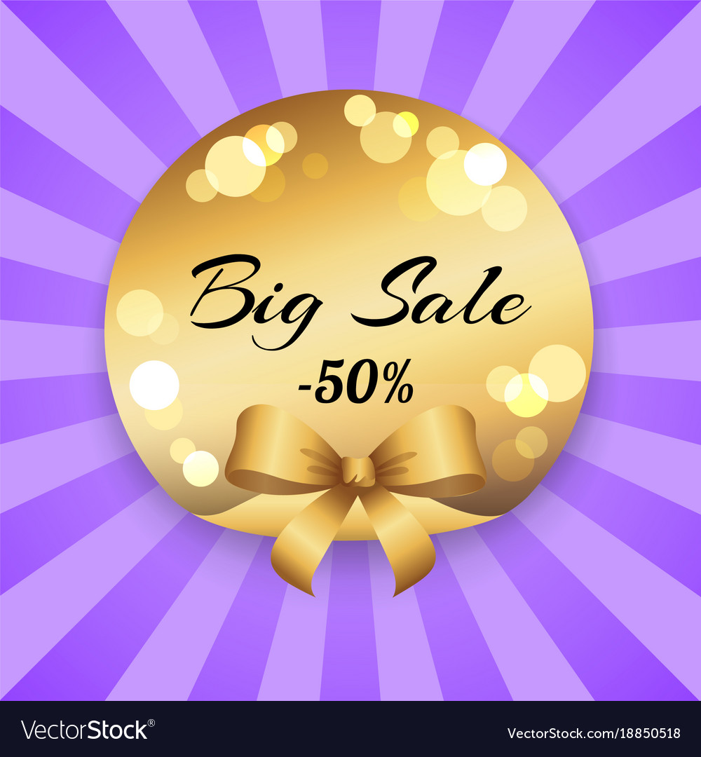 Big sale 50 off present label ribbon with rays Vector Image