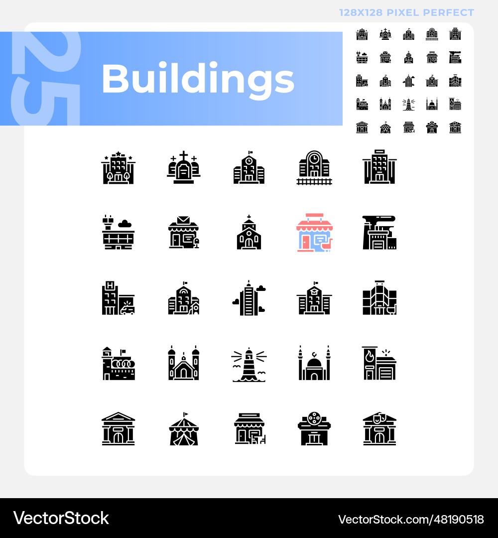 Pixel perfect glyph style building icons set Vector Image