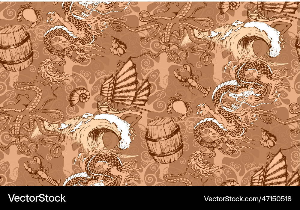 Seamless pattern of octopus dragon ancient chine Vector Image
