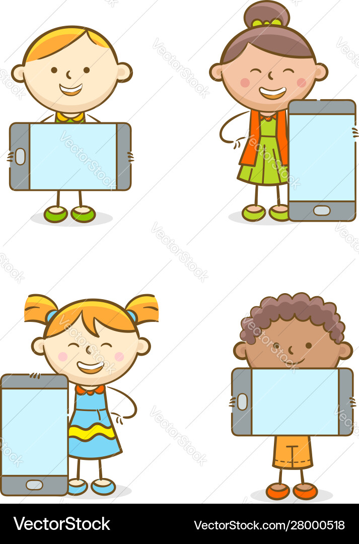 Set kids with mobile phone Royalty Free Vector Image