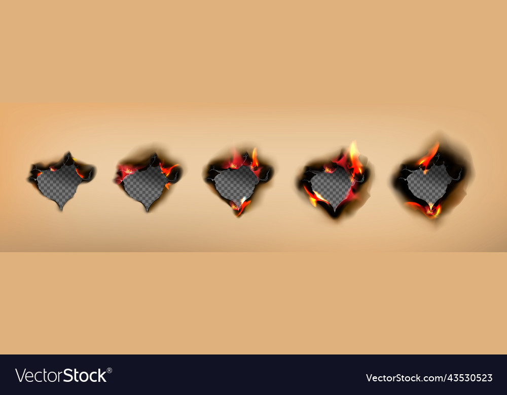 Burn craft paper borders burnt hole stages set Vector Image