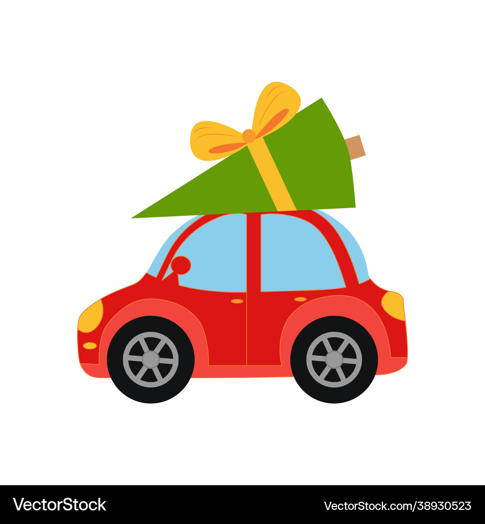 Red car with christmas tree on winter Royalty Free Vector