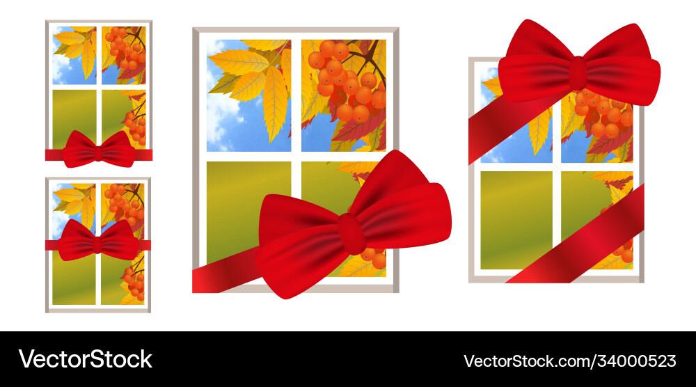 Window with red ribbon and bow as a gift Vector Image