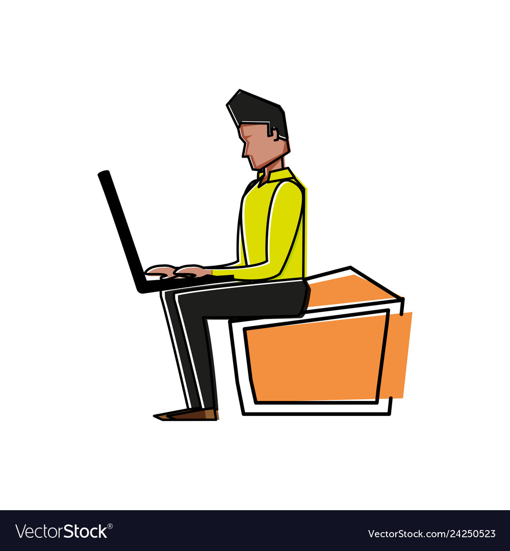 Young man sitting with laptop computer Royalty Free Vector
