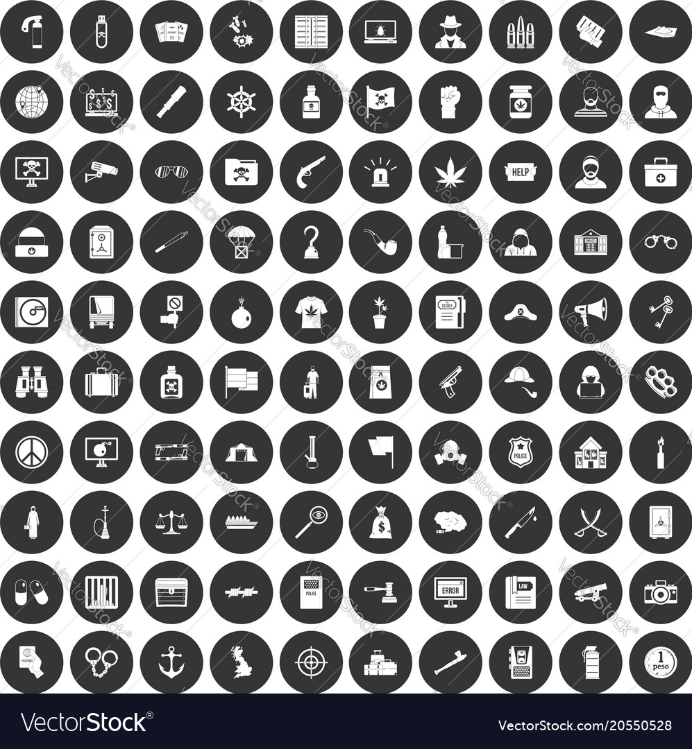 100 crime investigation icons set black circle Vector Image