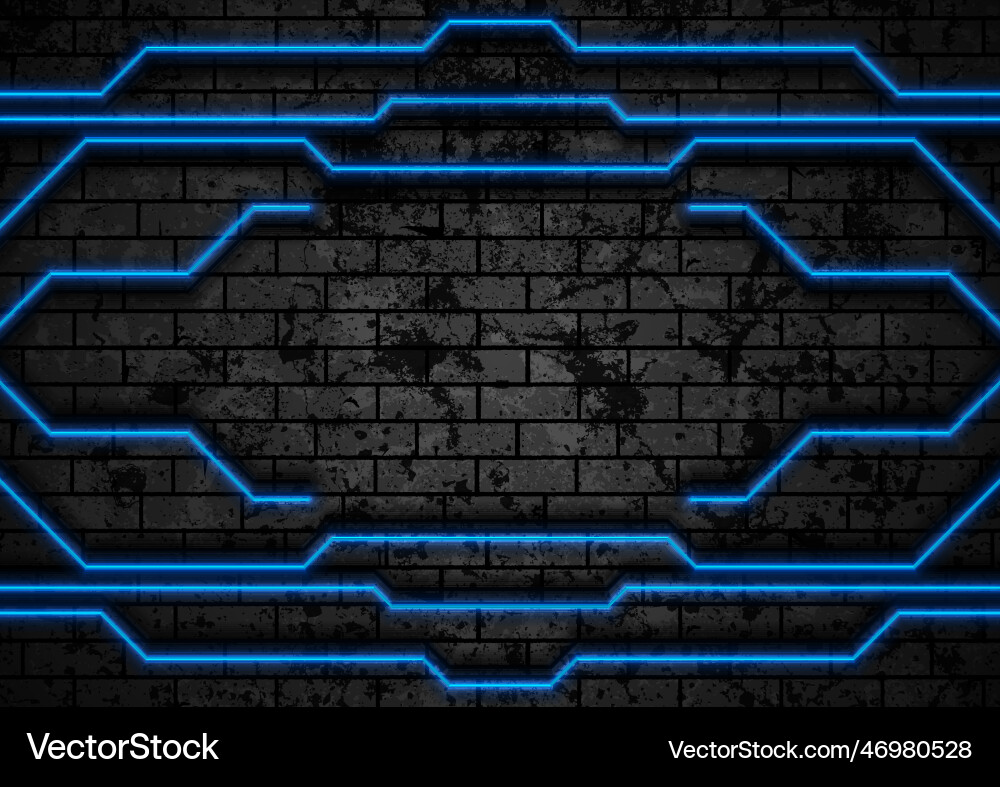 Blue neon technology lines on brick grunge wall Vector Image