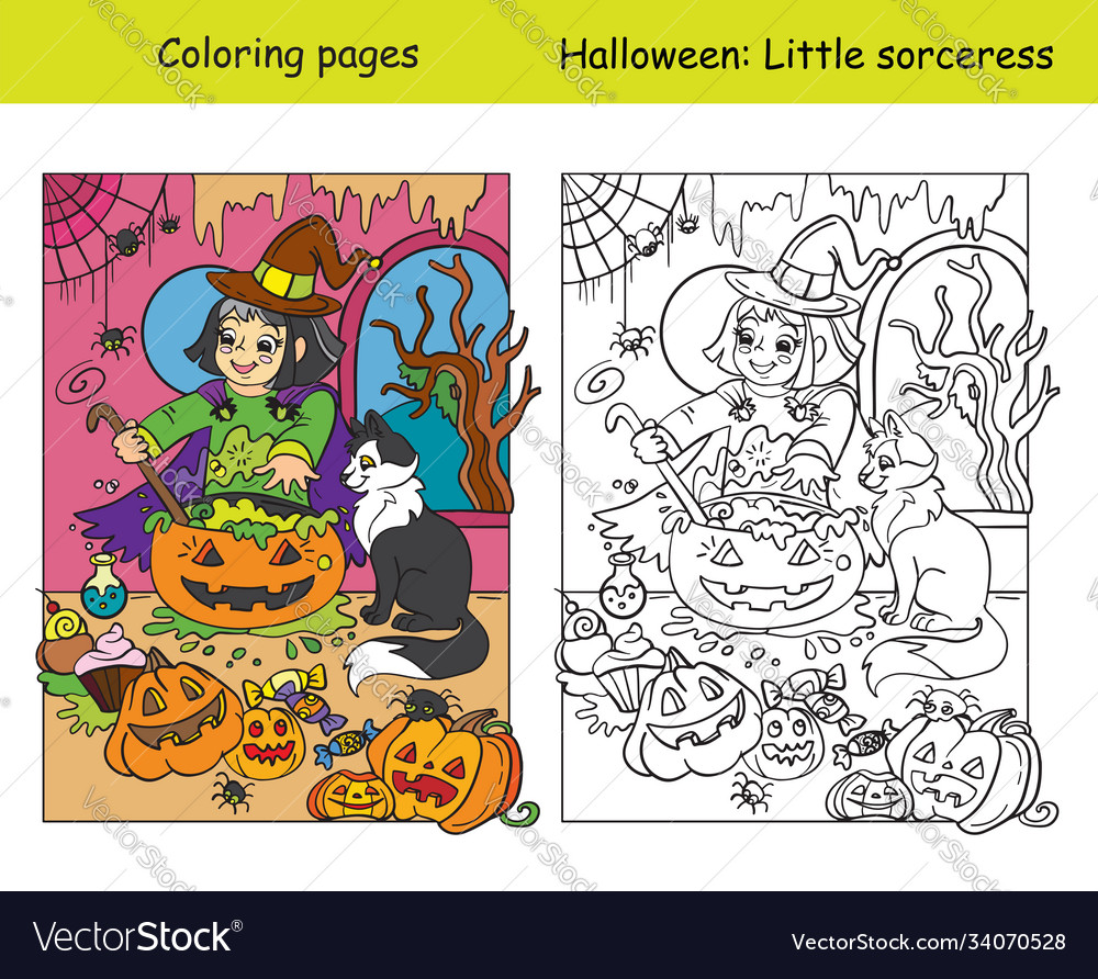 Coloring with colored example witch cat Royalty Free Vector