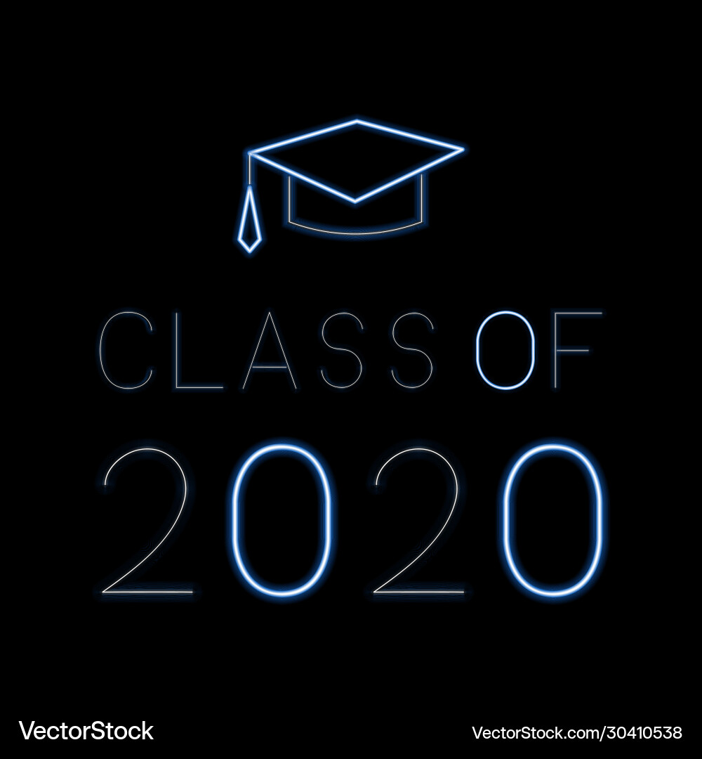 Class 2020 blue neon lettering with graduation Vector Image