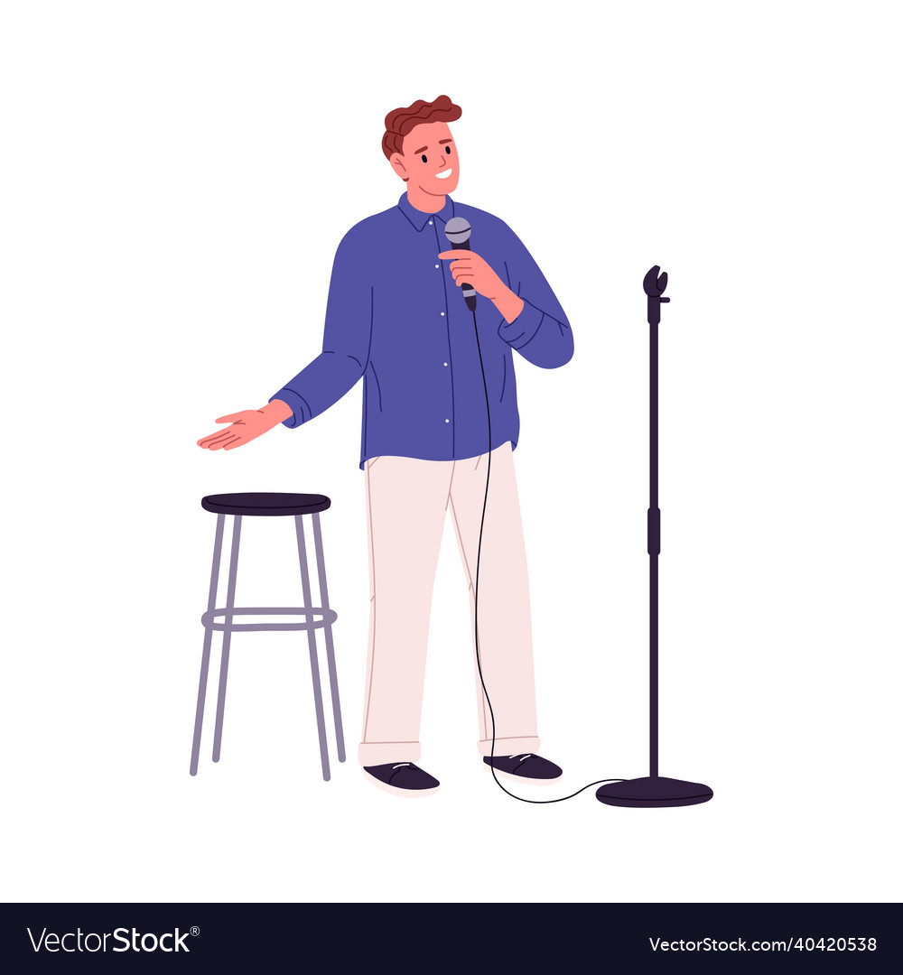 Man Comedian With Microphone Performing Stand Up Vector Image