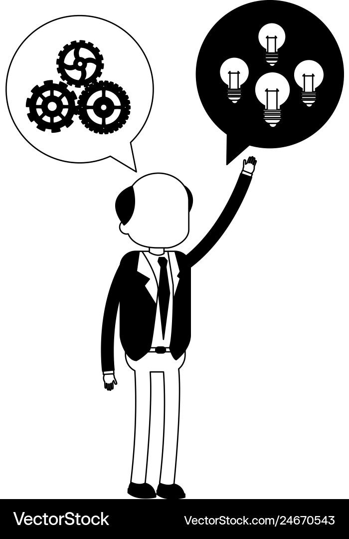 Businessman with ideas and work in black white Vector Image