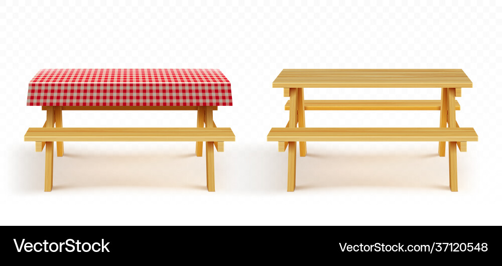 Wooden picnic table with benches and tablecloth Vector Image