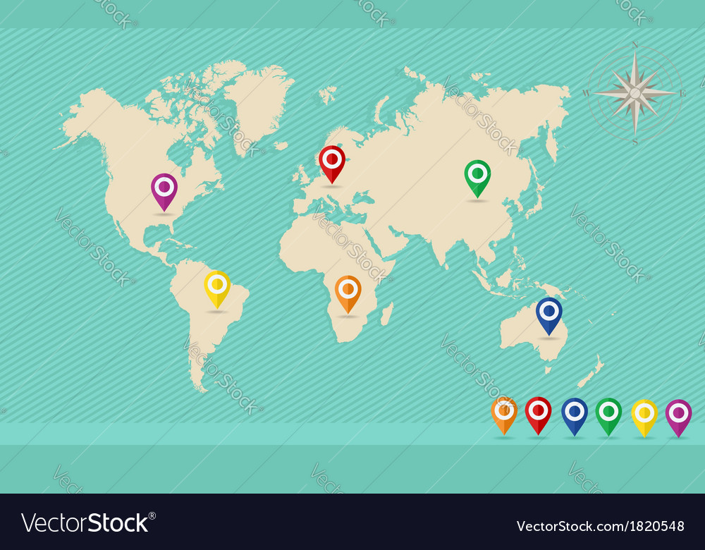 World Map Geo Position Pins Wind Rose Eps10 File Vector Image