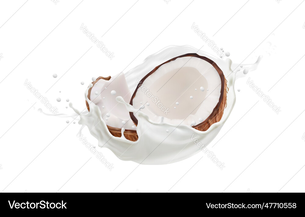 Realistic coconut milk and splash with splatters Vector Image