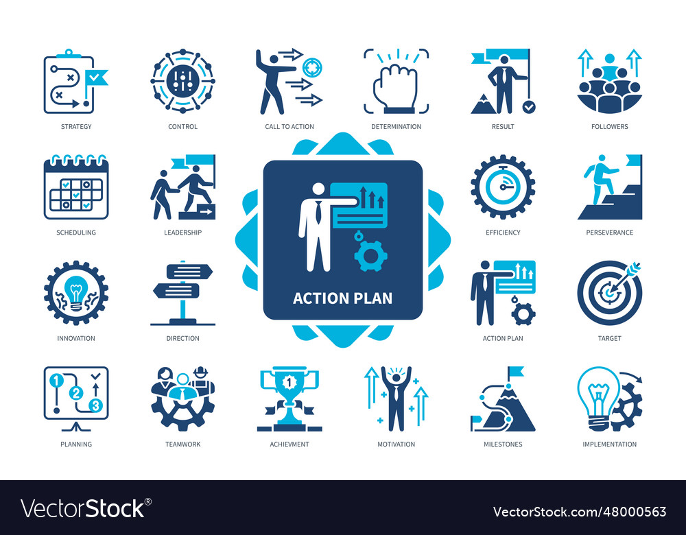 Action plan solid icon set Royalty Free Vector Image