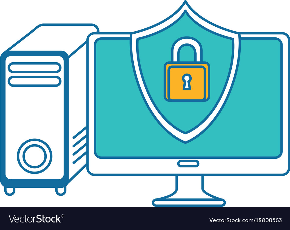 Desktop computer with shield Royalty Free Vector Image