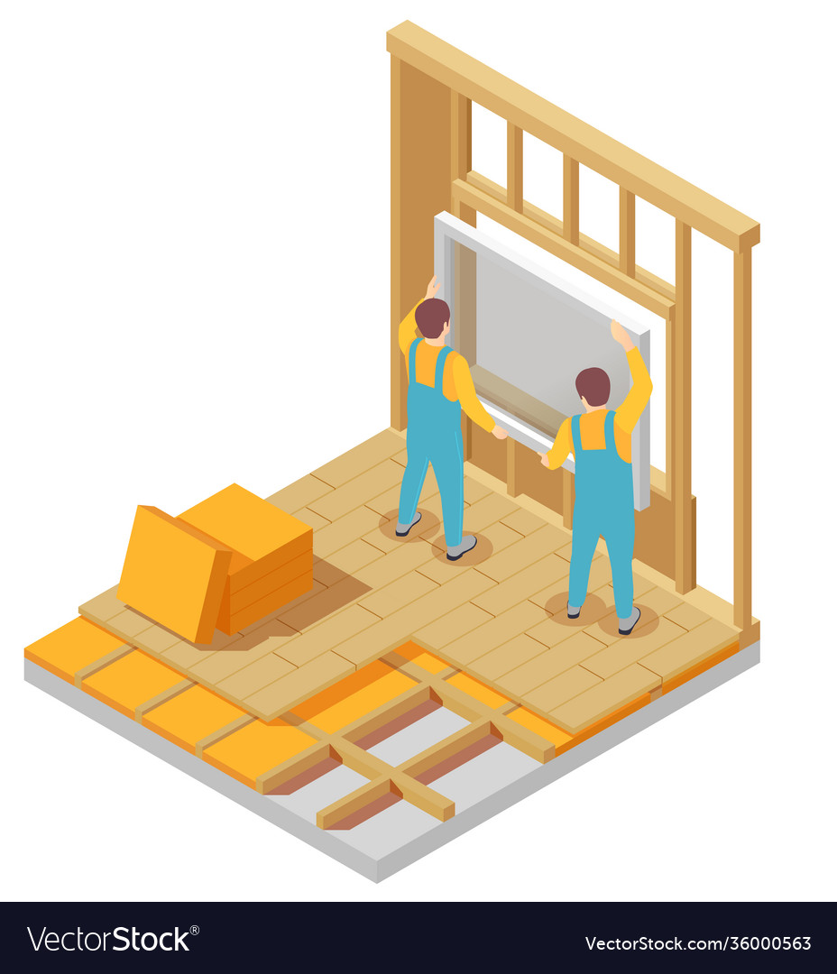 Installing window isometric composition Royalty Free Vector