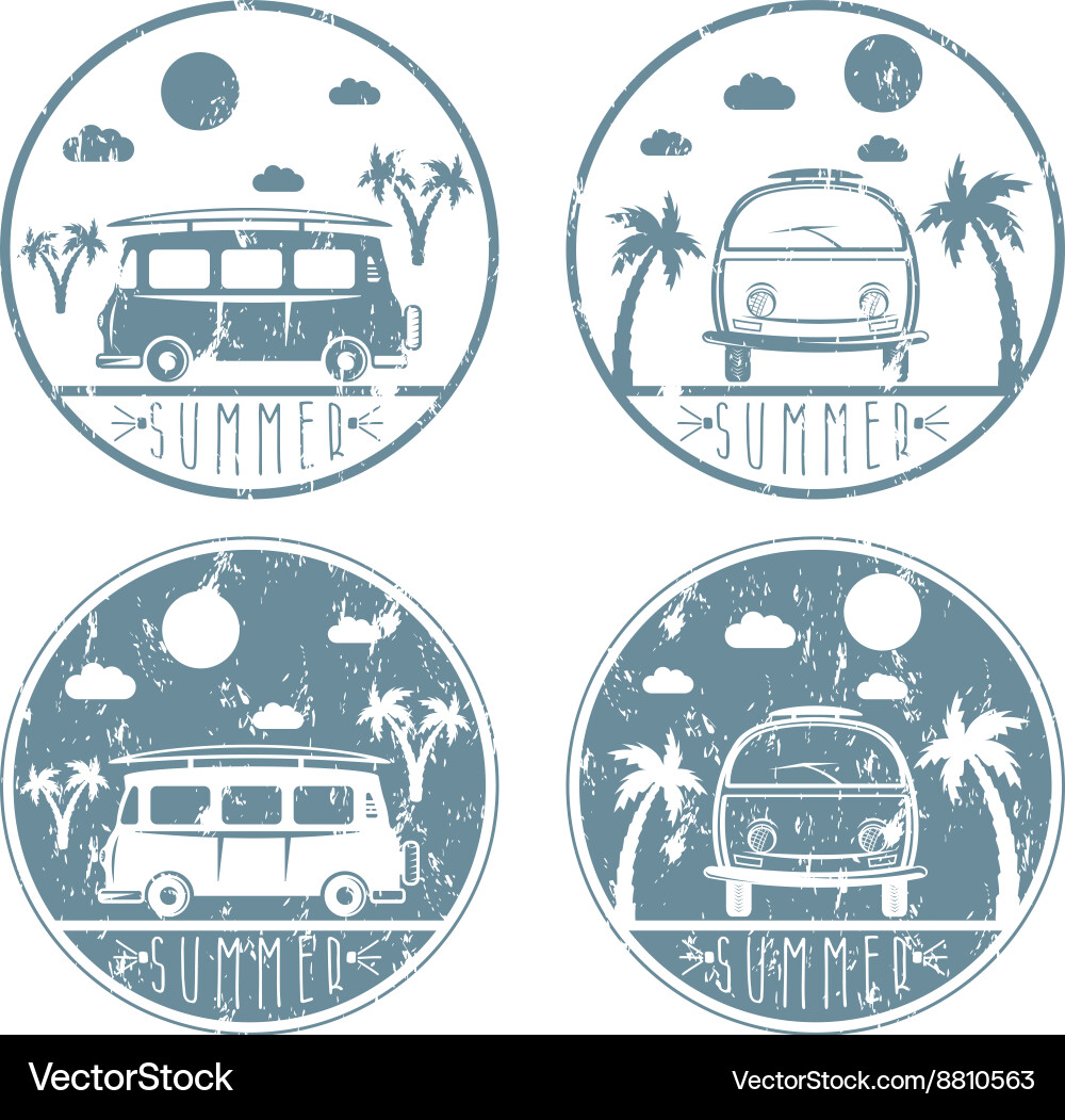 Retro bus with surfboard grunge labels set Vector Image