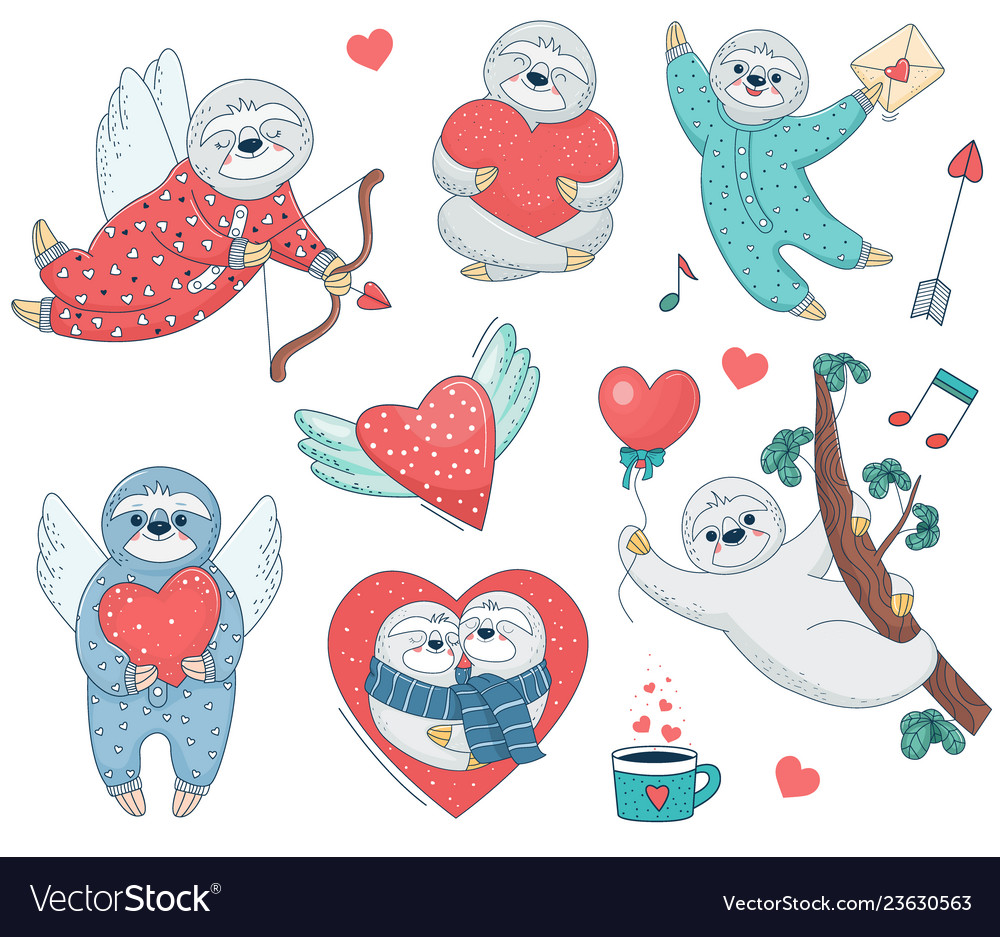 Set of valentine sloths with hearts Royalty Free Vector