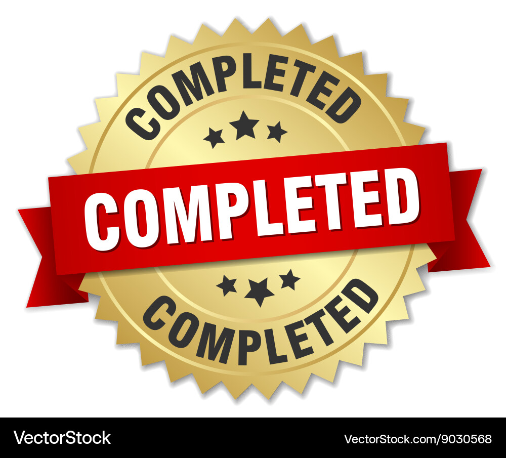Completed 3d gold badge with red ribbon Royalty Free Vector