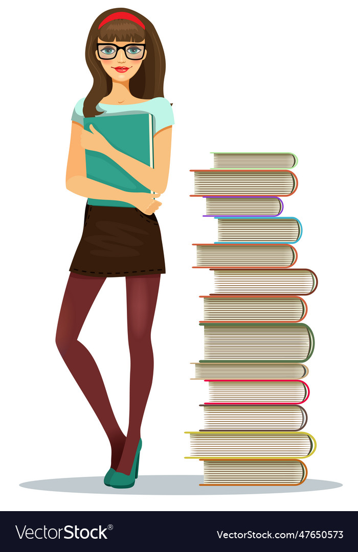 Beautiful young girl student with stacked books Vector Image