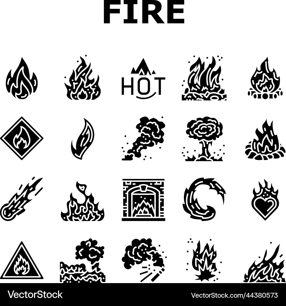 Flame hot fire burn bonfire heat icons set Vector Image