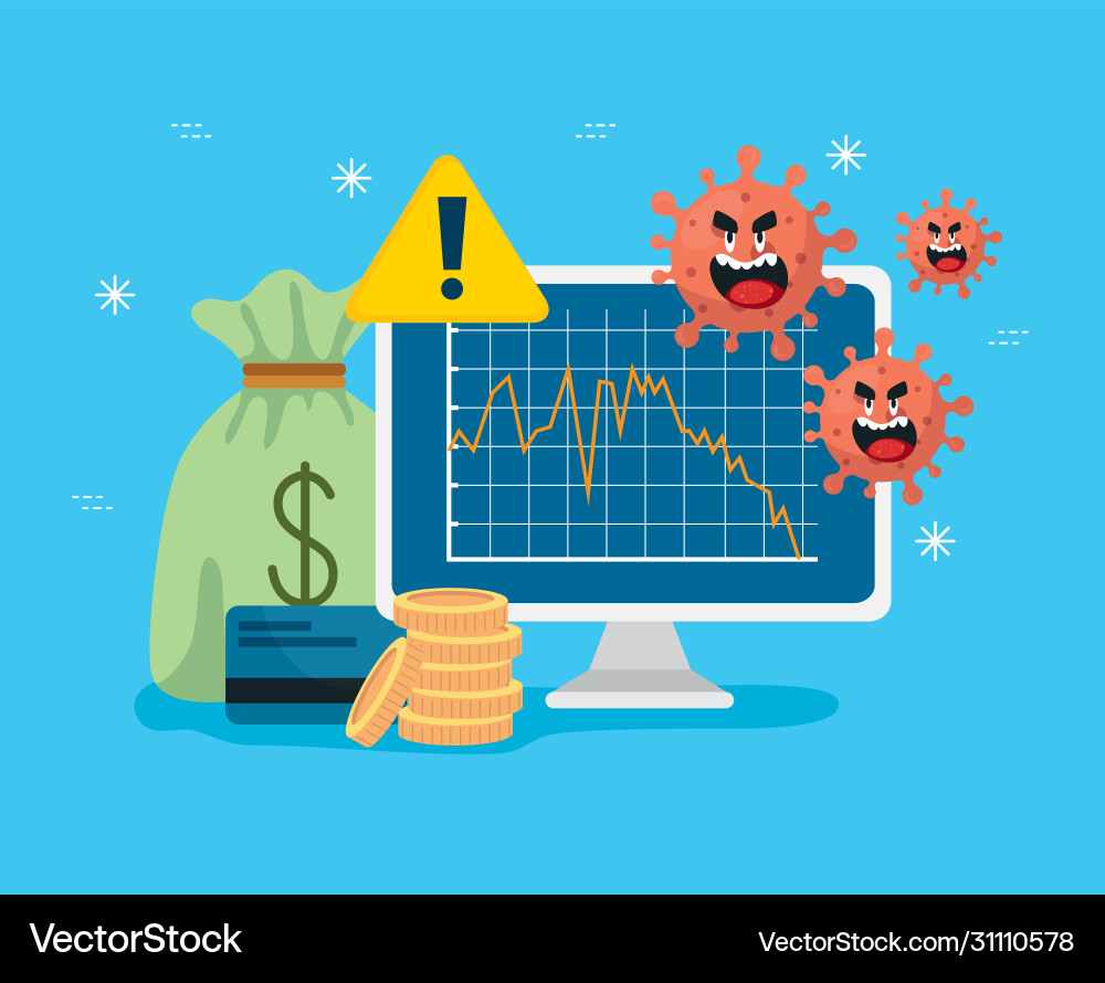 Computer with icons economic impact covid19 Vector Image