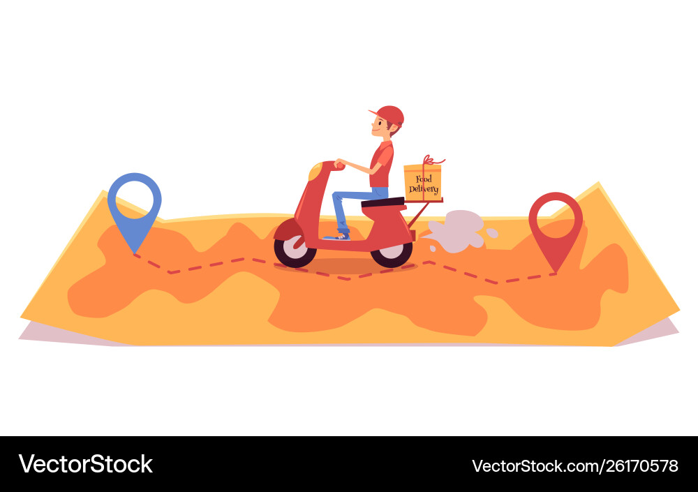 Delivery man on scooter riding over map Royalty Free Vector