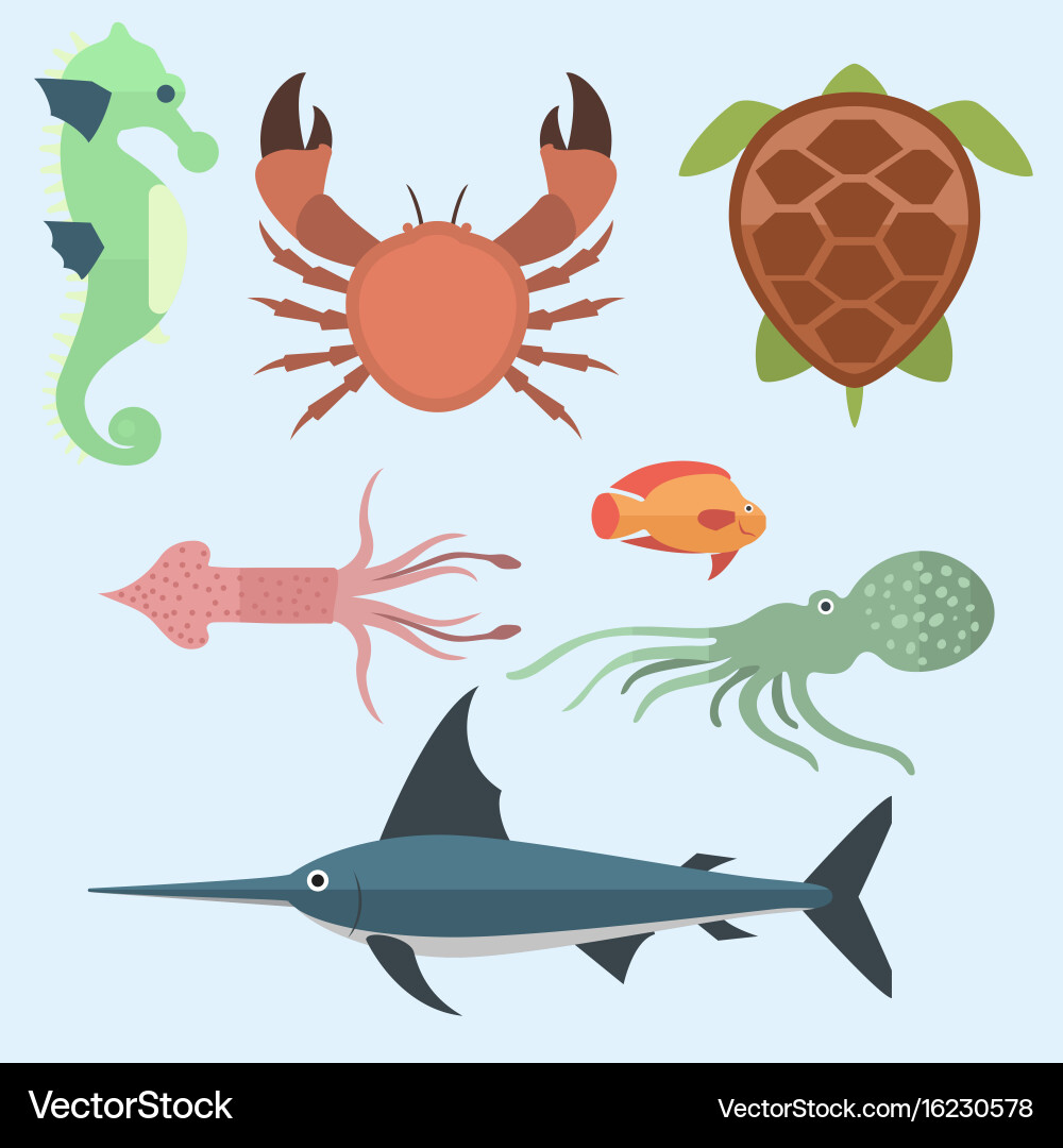 Sea animals creatures characters cartoon Vector Image