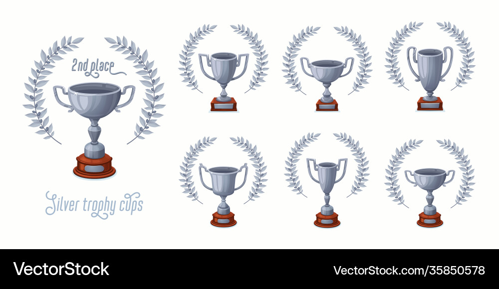 Silver trophy cups with laurel wreaths Royalty Free Vector