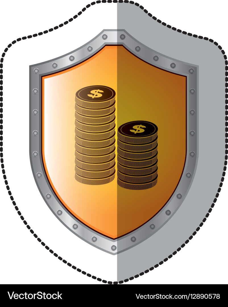 Sticker shield with silhouette stacked coins Vector Image
