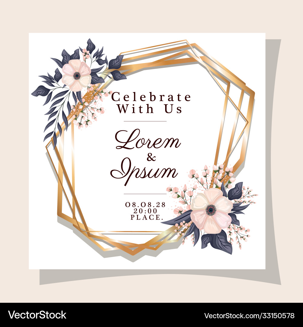Wedding invitation with gold frame flowers Vector Image