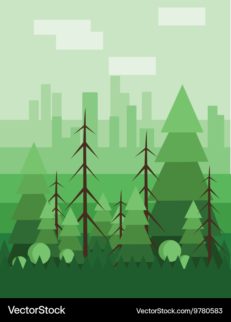 Abstract landscape design with green trees and clo