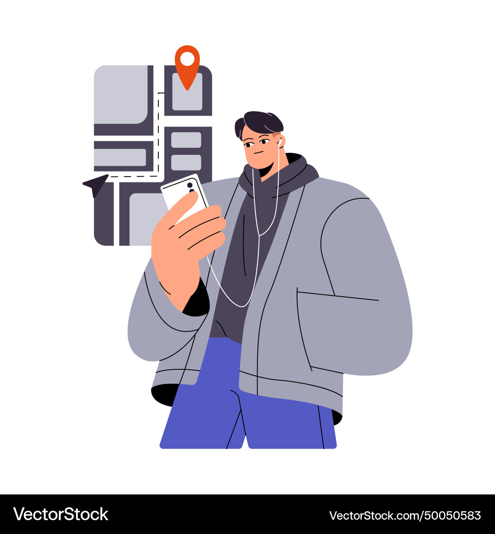 Young man search route to destination direction Vector Image
