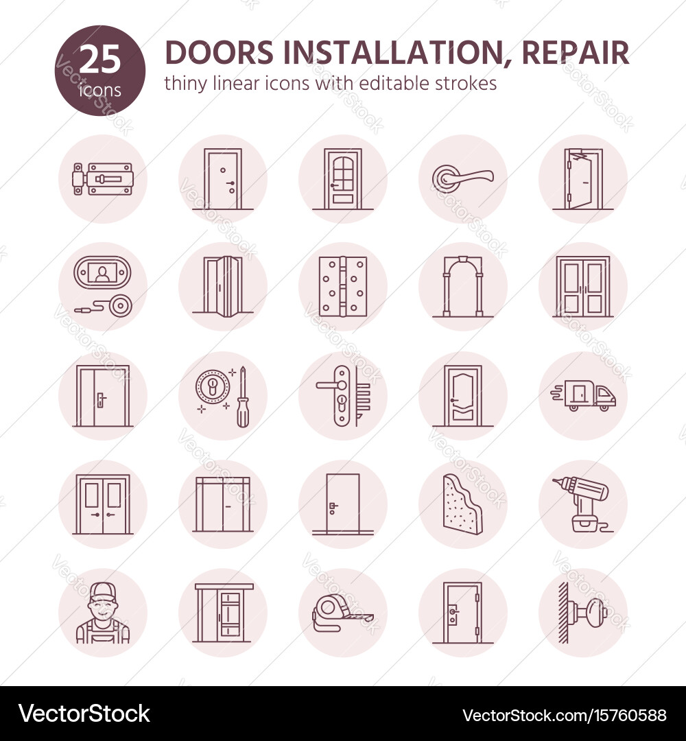 Doors installation repair line icons various Vector Image