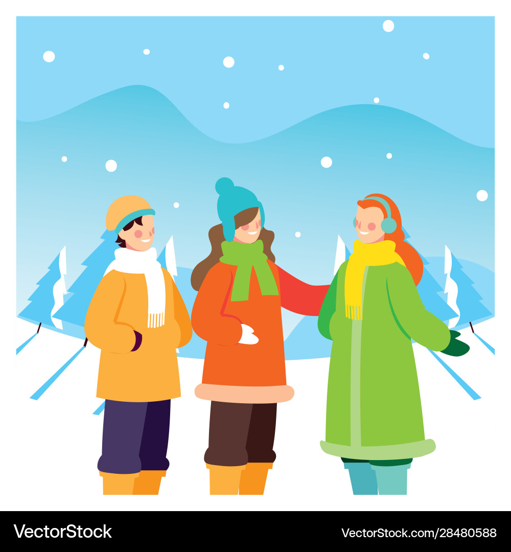 Group people with winter clothes in landscape Vector Image