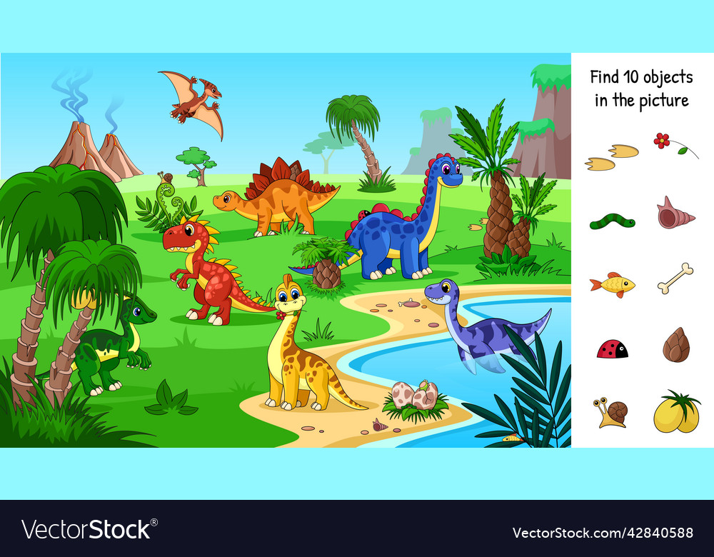 Hidden objects game dinosaur rainforest visual Vector Image