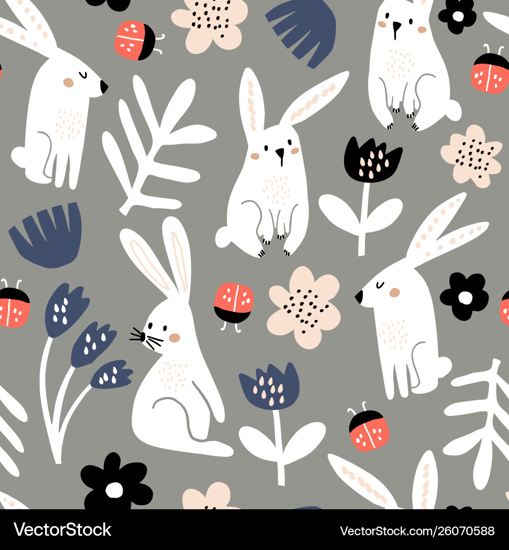 Seamless childish pattern with pink bunny flowers Vector Image
