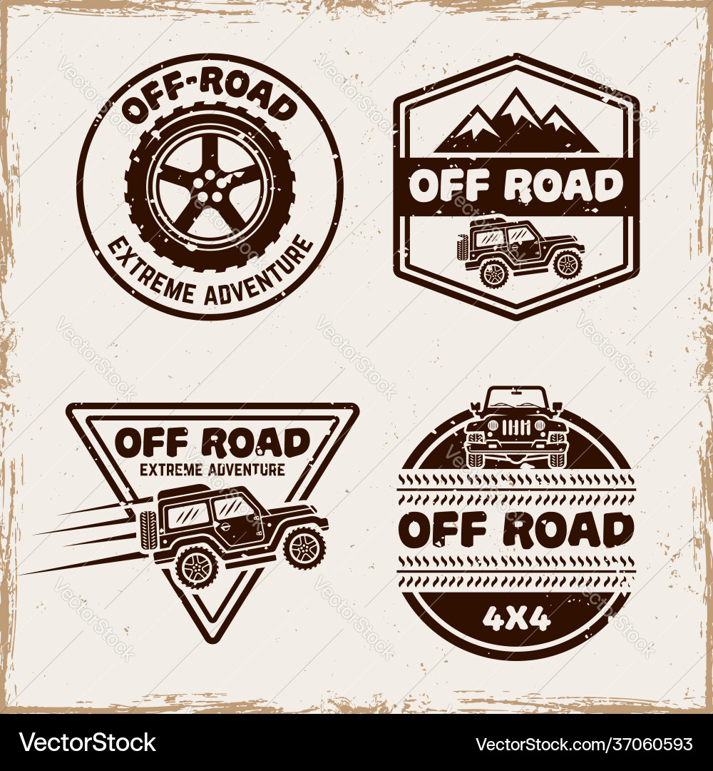 Off road and suv car set four emblems Royalty Free Vector