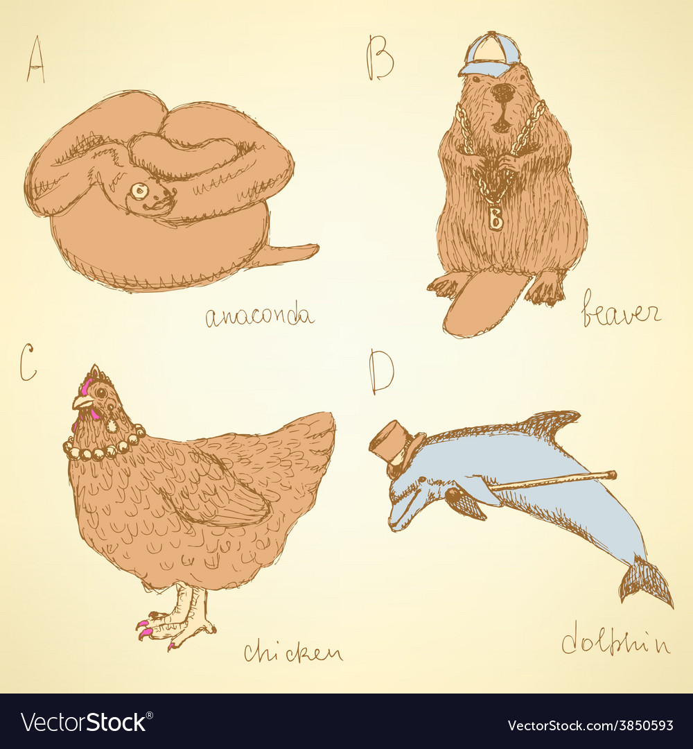 Sketch fancy animals alphabet in vintage style Vector Image