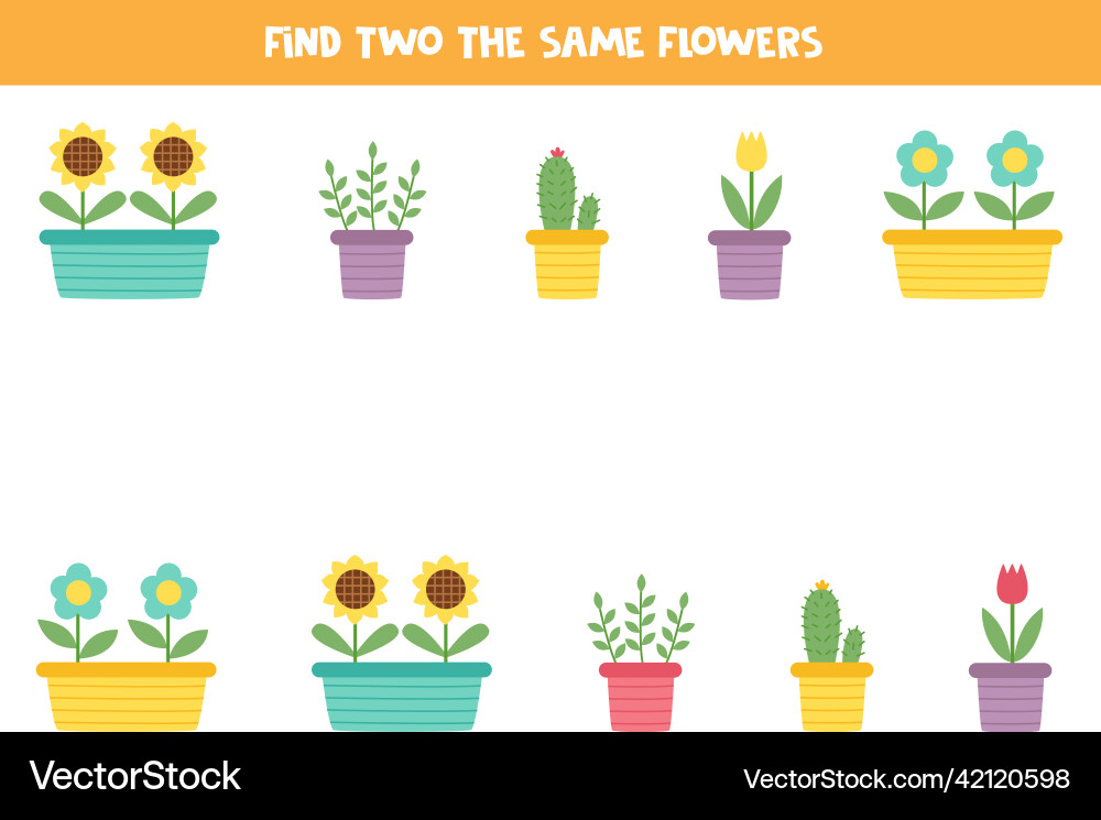 Find two cute identical flowers in pot Royalty Free Vector