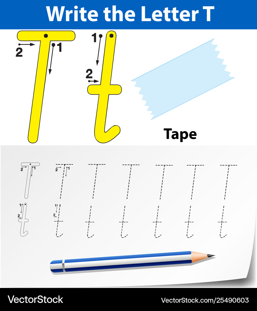 Letter t tracing alphabet worksheets Royalty Free Vector