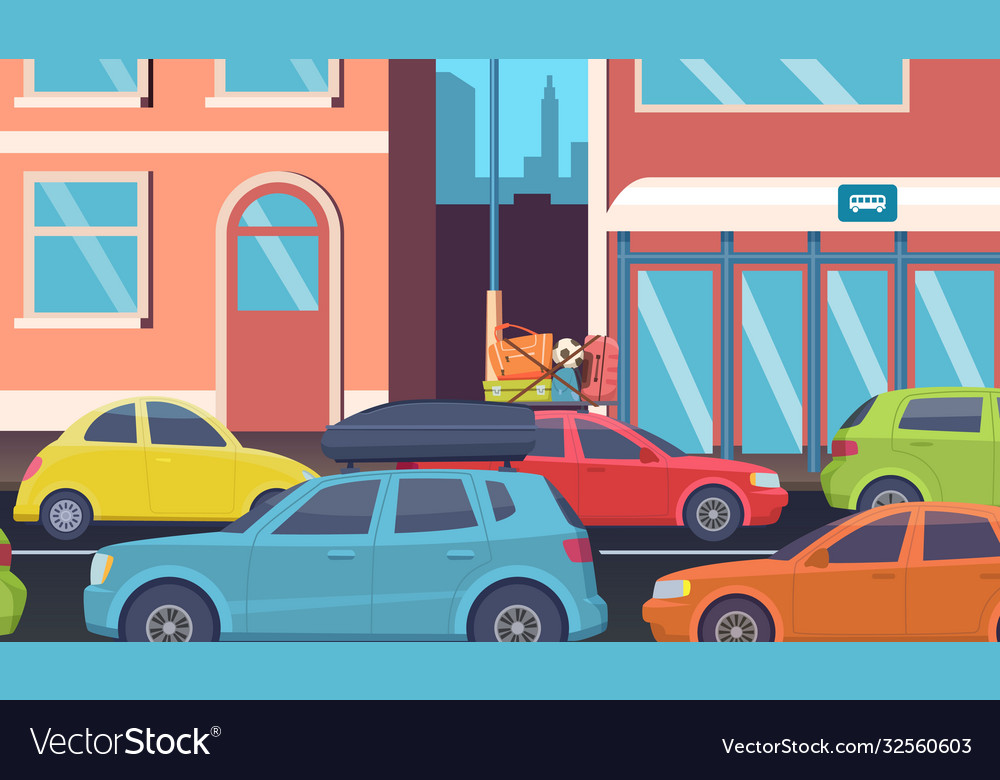 Traffic jam in downtown morning road problems Vector Image