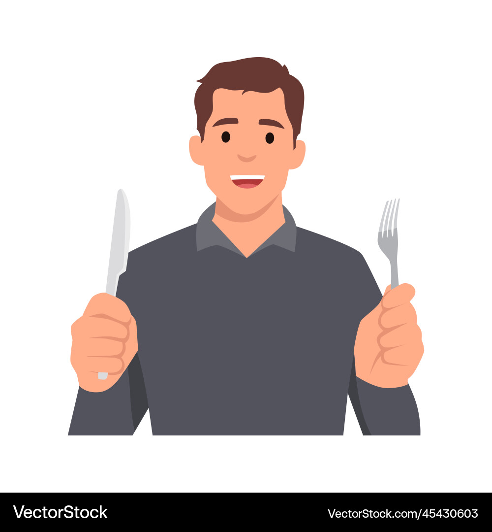 Young man holding knife and fork hungry Royalty Free Vector